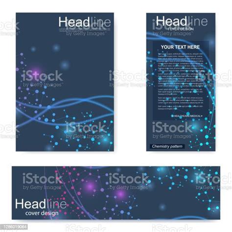 전단지 브로셔 크기 A4 템플릿 배너를 설정합니다 연결된 선과 점이 있는 분자 구조 잡지 전단지 커버 포스터 디자인에 대한 요소가있는 과학 패턴 원자 Dna Dna에 대한