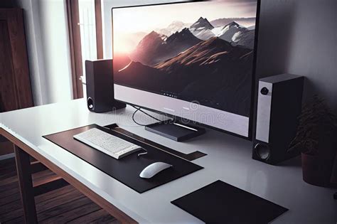 A Minimalist Desk With A Sleek Computer Monitor And Keyboard Stock