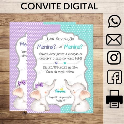 Convite Digital Chá Revelação Elefantinhos Elo7