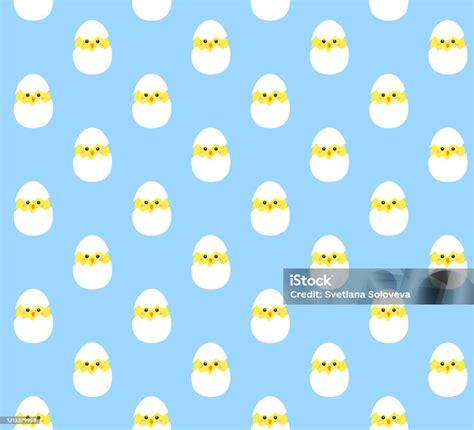 벡터 원활한 패턴 의 플랫 만화 가와이 이 노란색 병아리 에 달걀 껍질 병아리에 대한 스톡 벡터 아트 및 기타 이미지 병아리 패턴 연속무늬 Istock