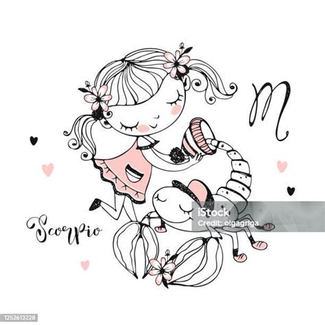 어린이 조디악 조디악 기호는 전갈 자리입니다 귀여운 소녀가 전갈 모자를 쓴다 벡터 흑백 달력에 대한 스톡 벡터 아트 및 기타 이미지 Istock