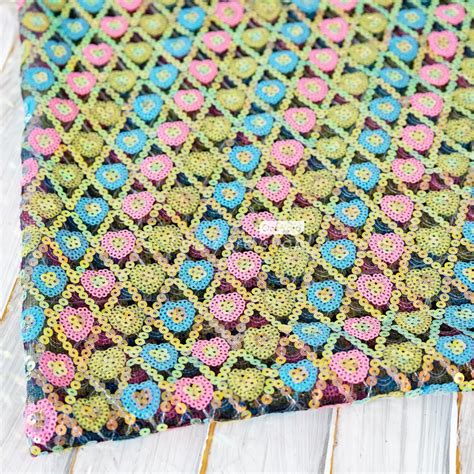 Rhombus Grid Pattern Colorful Sequin With Black Mesh Oneyard