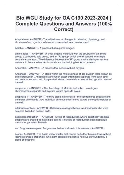 Bio WGU Study For OA C Complete Questions And Answers Correct Bio WGU Study For OA