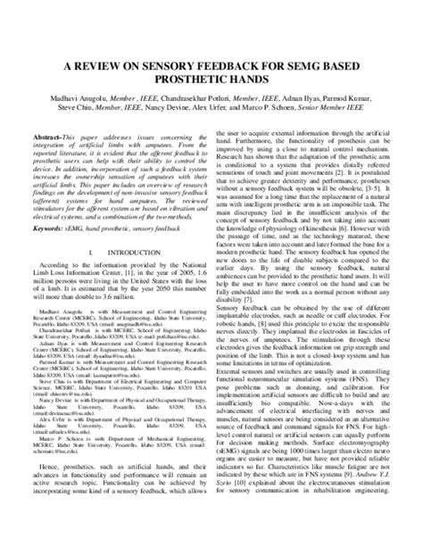 Pdf A Review On Sensory Feedback For Semg Based Prosthetic Hands