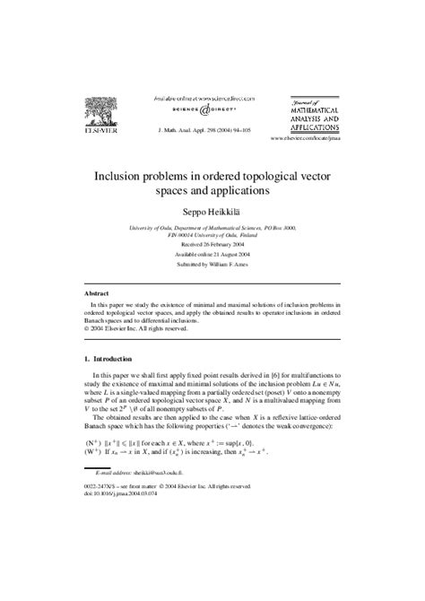 Pdf Inclusion Problems In Ordered Topological Vector Spaces And Applications Seppo Heikkila