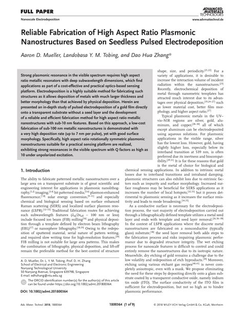 Pdf Reliable Fabrication Of High Aspect Ratio Plasmonic Nanostructures Based On Seedless
