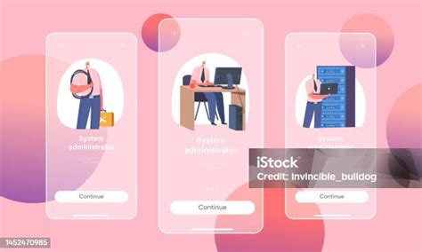 시스템 관리자 모바일 앱 페이지 온보드 화면 템플릿입니다 컴퓨터에서 시스템 관리자 캐릭터 작업 기술 작업 수행 개념에 대한 스톡 벡터 아트 및 기타 이미지 Istock