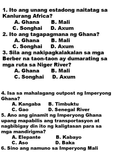 Imperyong Ghana Mali Songhai Weekly Test Pdf