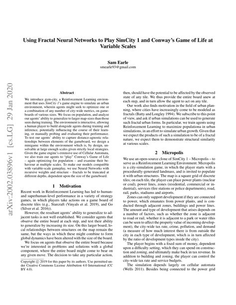 Pdf Using Fractal Neural Networks To Play Simcity 1 And Conways Game Of Life At Variable Scales