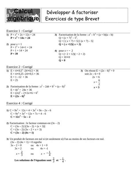 Pdf Développer And Factoriser Exercices De Type Brevetlyc71 Voisin Ac