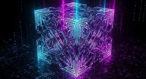 Abstract Neon Cube With Binary Code Background Futuristic Geometric