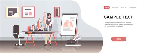 새로운 건축 도시 모형 도시 패닝 프로젝트 개념 집 청사진 현대 사무실 내부 수평 한 전체 길이 복사 공간을 가진 남자 건축가 지주 수준 엔지니어 건설업자에 대한 스톡 벡터