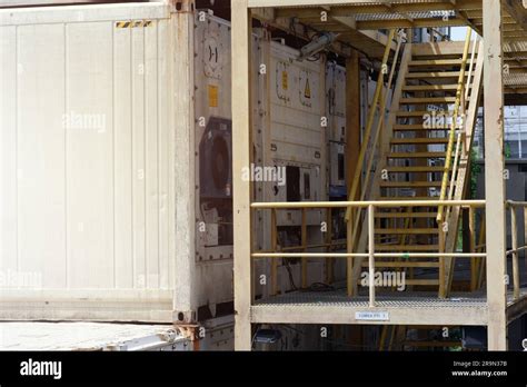 Container Office Isolated On White Background Two Storey Prefab Container Ladder Step Stock