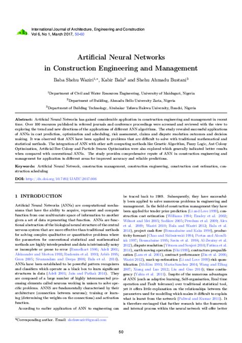 Pdf Artificial Neural Networks In Construction Engineering And Management