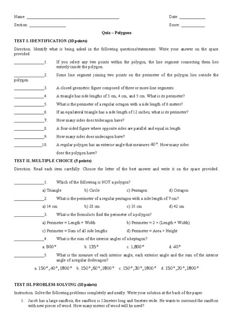 7 QUIZ Polygons Name Date Section 7 QUIZ Polygons Name Date Section