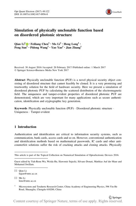 Simulation Of Physically Unclonable Function Based On Disordered