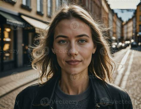 Photo Of Beautiful European Woman Walking In Street And Building Retro