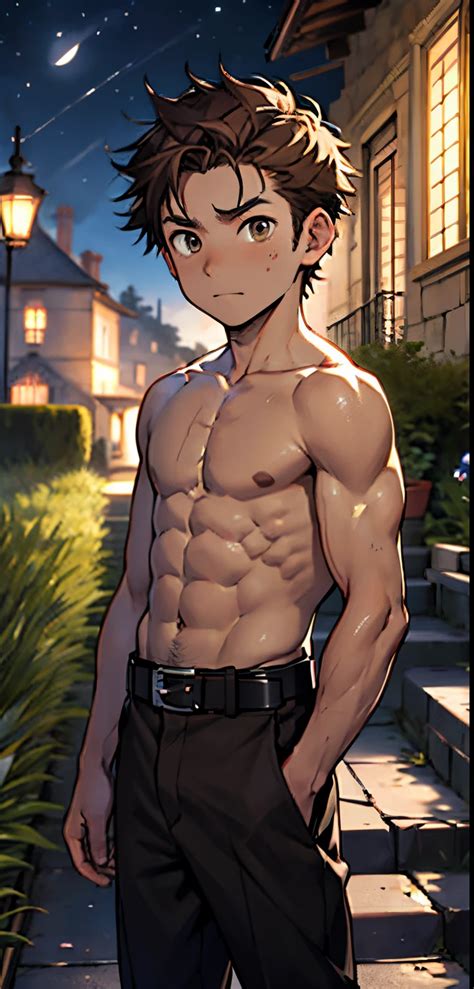Anime Guy With No Shirt Standing In Front Of A House Seaart Ai
