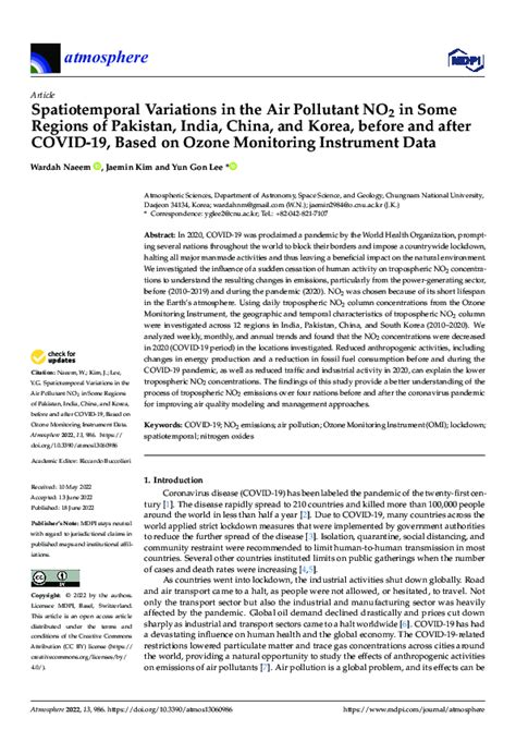 Pdf Spatiotemporal Variations In The Air Pollutant No2 In Some Regions Of Pakistan India
