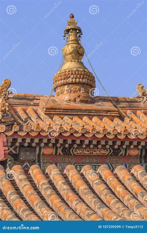 Large Ornamented Object On Rooftop At Yonghe Lamasery Also Known As Lama Temple Beijing China