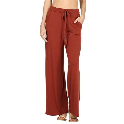 Zenana Womens And Plus Comfy Stretch Solid Drawstring Wide Leg Palazzo Lounge Pants Dk Rust L