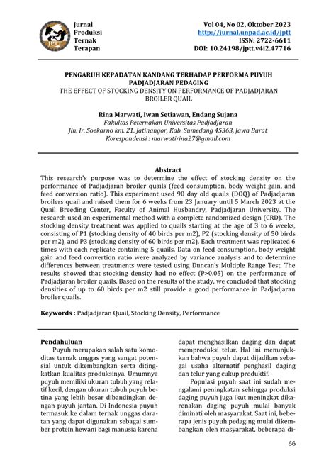 Pdf The Effect Of Stocking Density On Performance Of Padjadjaran