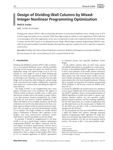 pdf design of dividing wall columns by mixed integer nonlinear programming optimization