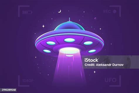 별이 빛나는 하늘을 배경으로 빛나는 비행 접시 카메라 뷰파인더의 Ufo 외계인 납치 외계인 우주선 벡터 일러스트 레이 션 3차원 형태에 대한 스톡 벡터 아트 및 기타 이미지