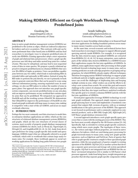 Pdf Making Rdbmss Efficient On Graph Workloads Through Predefined Joins