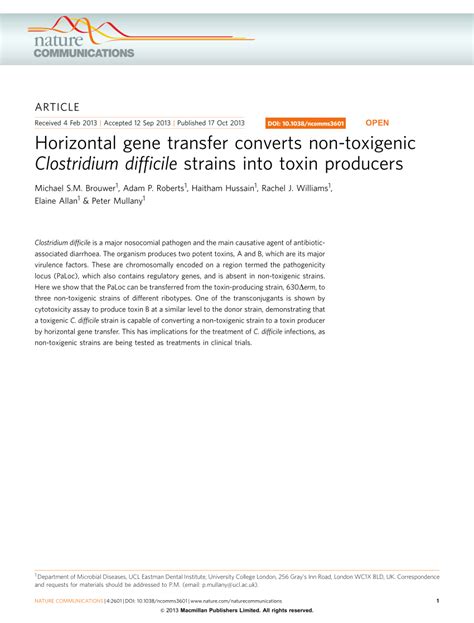 Pdf Horizontal Gene Transfer Converts Non Toxigenic Clostridium Difficile Strains Into Toxin