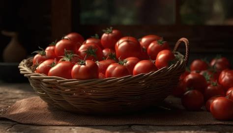 Premium Ai Image A Basket Of Tomatoes On A Rustic Table Of Tomatoes
