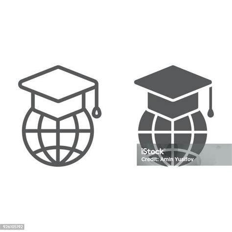 글로벌 교육 및 문자 모양 아이콘 전자 학습 및 교육 세계 기호 벡터 그래픽에 졸업 모자 흰색 배경 Eps 10에 선형 패턴 세계적인에 대한 스톡 벡터 아트 및 기타 이미지
