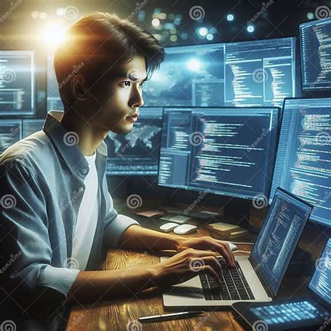 Tech Professional Coding At Night In A Futuristic Workspace Stock Image Image Of Computer