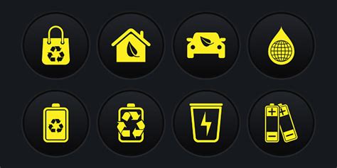 재활용 물방울에 지구 행성 번개 쓰레기통 에코 자동차 드라이브 잎 친근한 집 및 쇼핑백 아이콘으로 배터리 설정 벡터 Friendly Match에 대한 스톡 벡터 아트 및