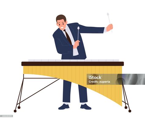 재즈 남자 타악기 연주자 음악가 만화 캐릭터 실로폰 악기 연주 백색에 고립 된 Classical Concert에 대한 스톡 벡터