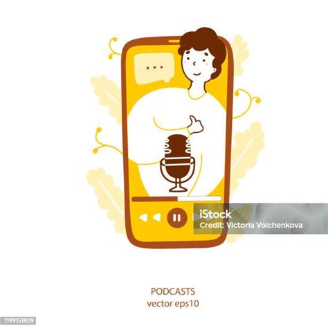 팟 캐스터 비디오 에 스마트 폰 화면 평면 벡터 노란색 그림 유명 인사에 대한 스톡 벡터 아트 및 기타 이미지 유명 인사 팟캐스팅 가공의 인물 Istock