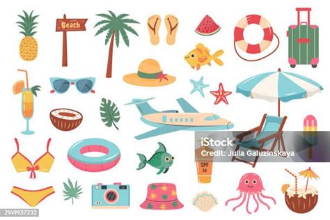 여름 해변 여행 세트입니다 귀여운 만화 스티커 모음입니다 여름 휴가 해변 휴식 휴가 컨셉 개인 장식품에 대한 스톡 벡터 아트 및 기타 이미지 Istock