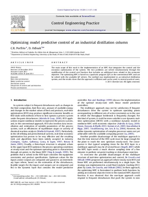 Pdf Optimizing Model Predictive Control Of An Industrial Distillation Column