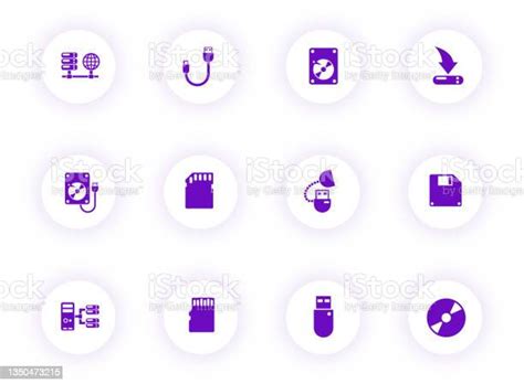 메모리는 보라색 그림자가 있는 라이트 라운드 버튼에 보라색 색상 벡터 아이콘을 구동합니다 웹 모바일 앱 Ui 디자인 및 인쇄용 메모리 드라이브 아이콘 세트 그래픽 사용자