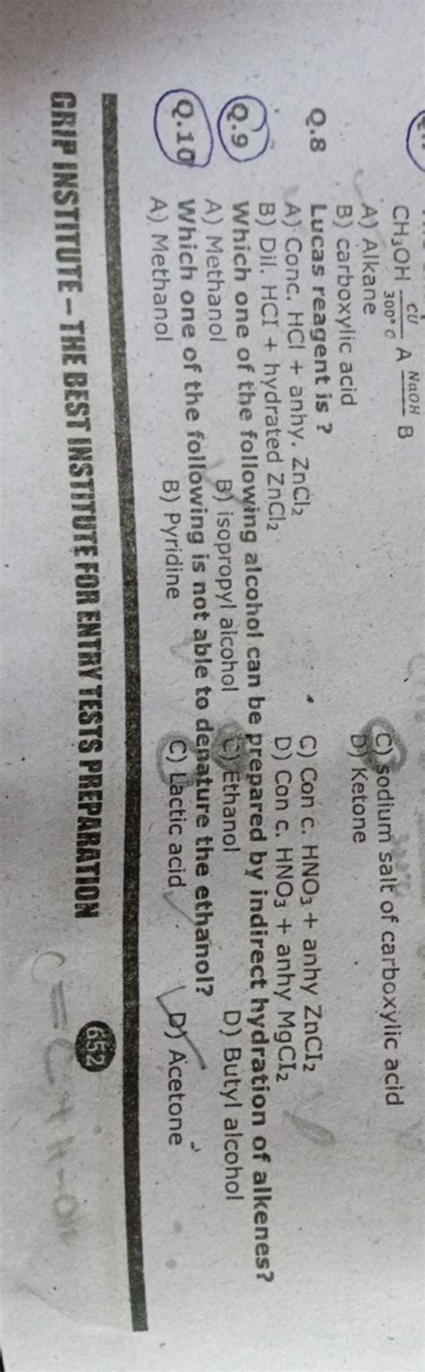 Q 8 Lucas Reagent Is A Conc Hcl Anhy Zncl2 B Dil Hcl Hydrated