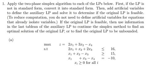 solved 1 apply the two phase simplex algorithm to each of