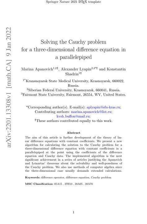 Pdf Solving The Cauchy Problem For A Three Dimensional Difference Equation In A Parallelepiped