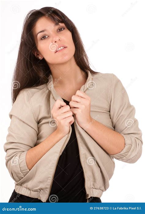 Pretty Brunette Arranging Her Jacket Stock Image Image Of Portrait