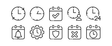 시계 설정 아이콘입니다 시간 엄수 간판 일정 모래 시계 알람 시계 타이머 스톱워치 24 시계 주위 계획 약속 흰색 배경에 벡터 선 아이콘 0명에 대한 스톡 벡터 아트 및