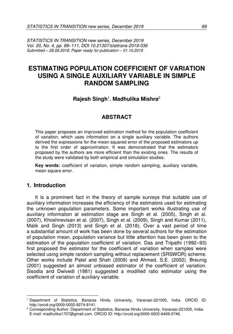 pdf estimating population coefficient of variation using a single