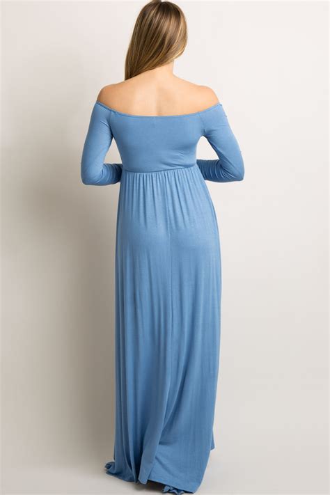 Pinkblush Blue Solid Off Shoulder Maternity Maxi Dress