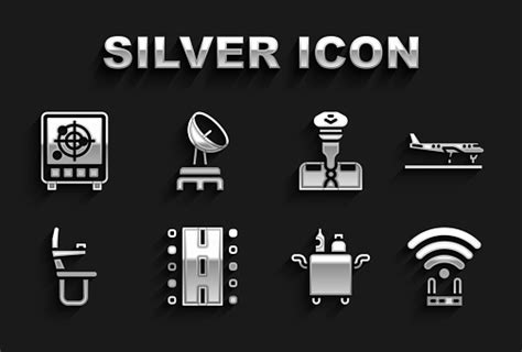 공항 활주로 비행기 라우터 및 Wifi 신호 트롤리 음식 비행기 좌석 파일럿 모니터 및 아이콘에 대상을 가진 레이더를 설정합니다