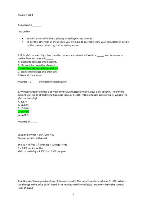Problem Set 3 Answers Answer Problem Set 3 Group Name Instruction You Will Earn Half
