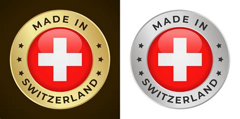 Made In Switzerland 벡터 그래픽 둥근 금색과 은색 라벨 배지 엠블럼은 스위스의 국기와 스위스에서 만든 텍스트가