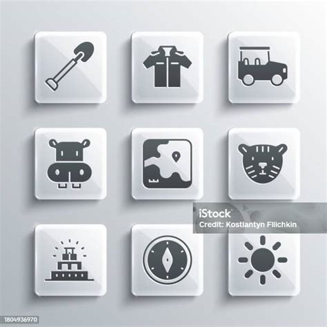 나침반 태양 호랑이 머리 아프리카 사파리 지도 마야의 치첸이트사 하마 또는 하마 삽 및 사파리 자동차 아이콘을 설정합니다 벡터 0명에 대한 스톡 벡터 아트 및 기타 이미지